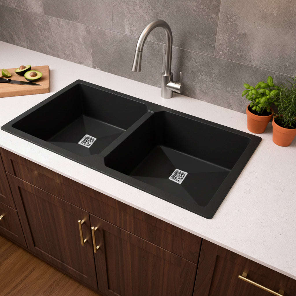 Quartz Black (37 x 18 x 10 Inches) Double Bowl Kitchen Sink | Krysstal