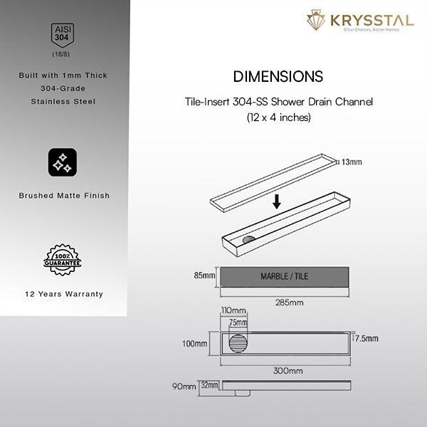 Tile-Insert 304-SS (12"x 4") Shower Drain Channel with Advanced Cockro ...