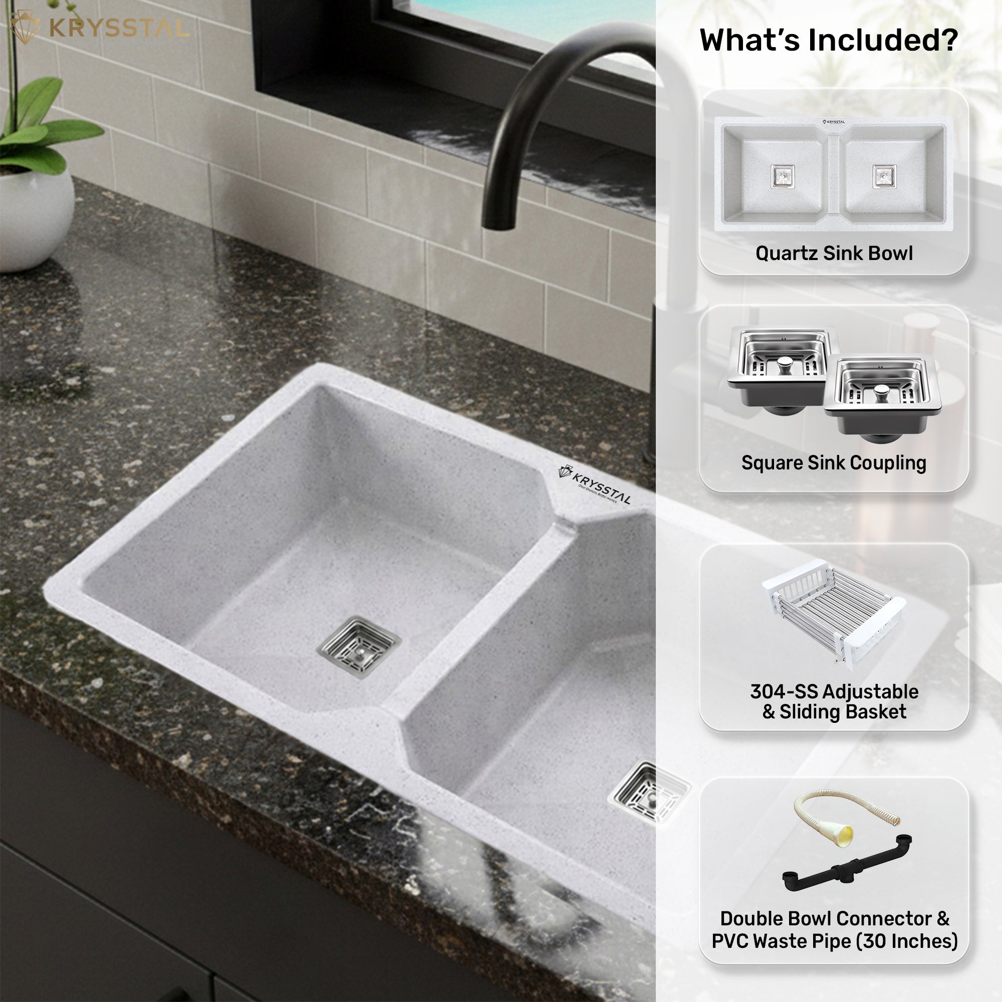 Quartz Red Moon (37 x 18 x 10 Inches) Double Bowl Kitchen Sink | Krysstal